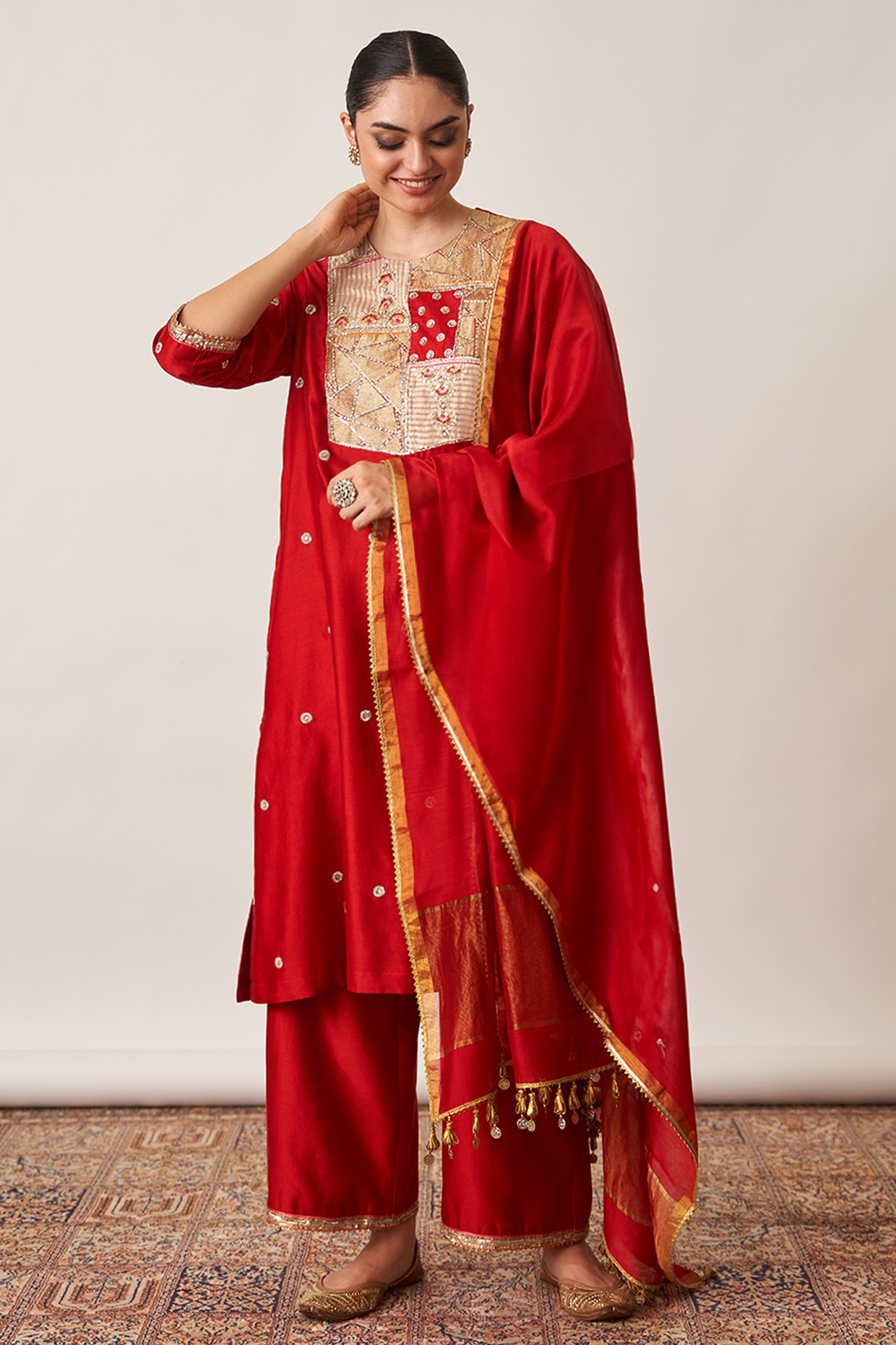 Red Pure Silk Chanderi Kurta Set by Vaaya at Pernia's Pop Up Shop 2025