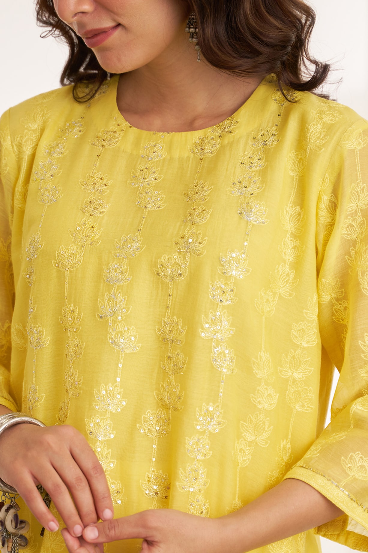 Yellow Silk Chanderi Lotus Embroidered Kurta Set by Vaaya at Pernia's ...