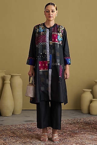 Black Handwoven Silk Cotton Hand Work Jacket by Vaaya at Pernia's Pop ...