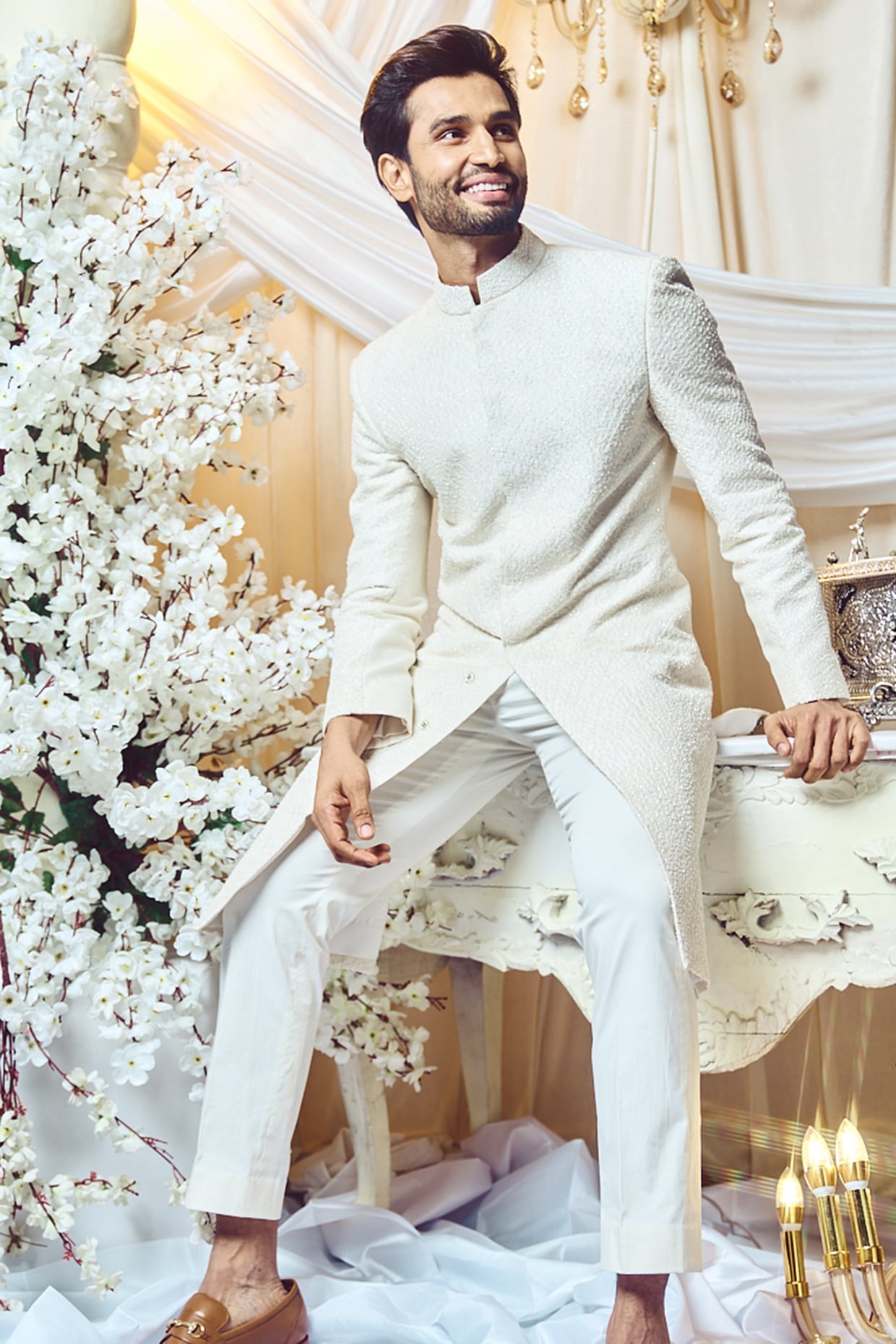 Seashell White Raw Silk Thread Embroidered Groom Sherwani set by Varun ...