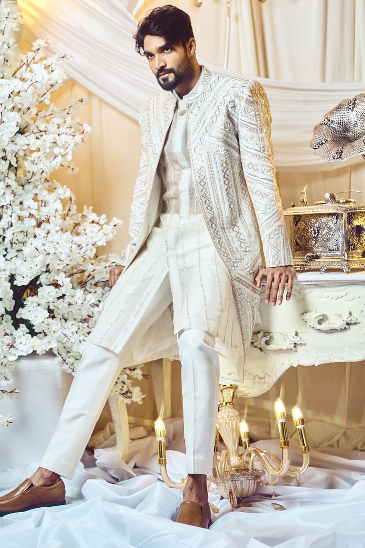 Chestnut White Twill Silk Embroidered Groom Sherwani Set by Varun ...