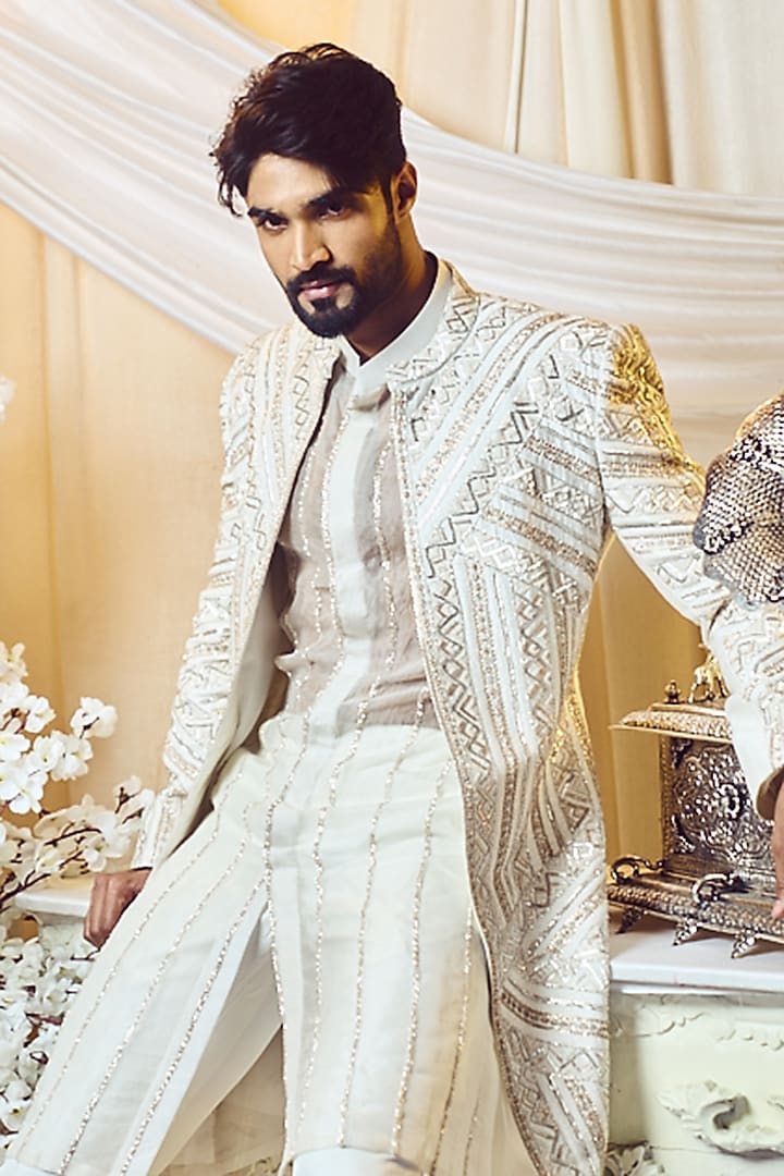 Chestnut White Twill Silk Embroidered Groom Sherwani Set by Varun ...