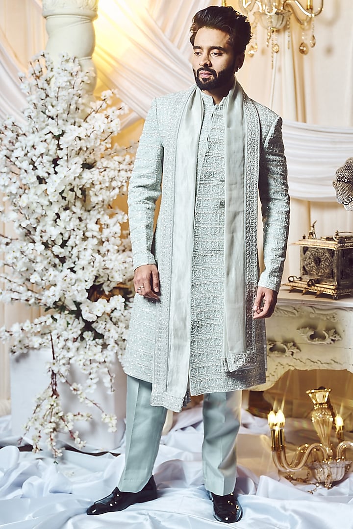 Pearl Grey Twill Silk Embroidered Groom Sherwani Set by Varun Chakkilam ...