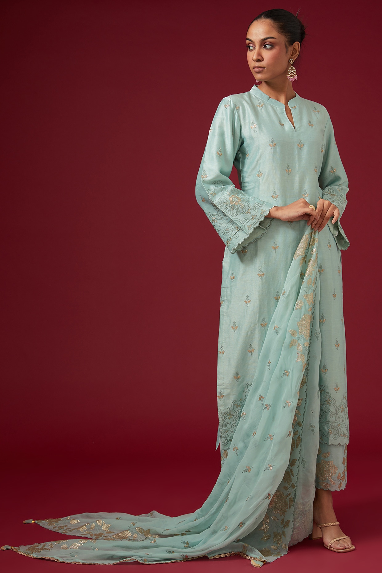Light Aqua Dhaka Silk Embroidered Kurta Set by VAGA FASHIONS at Pernia's Pop Up Shop 2025