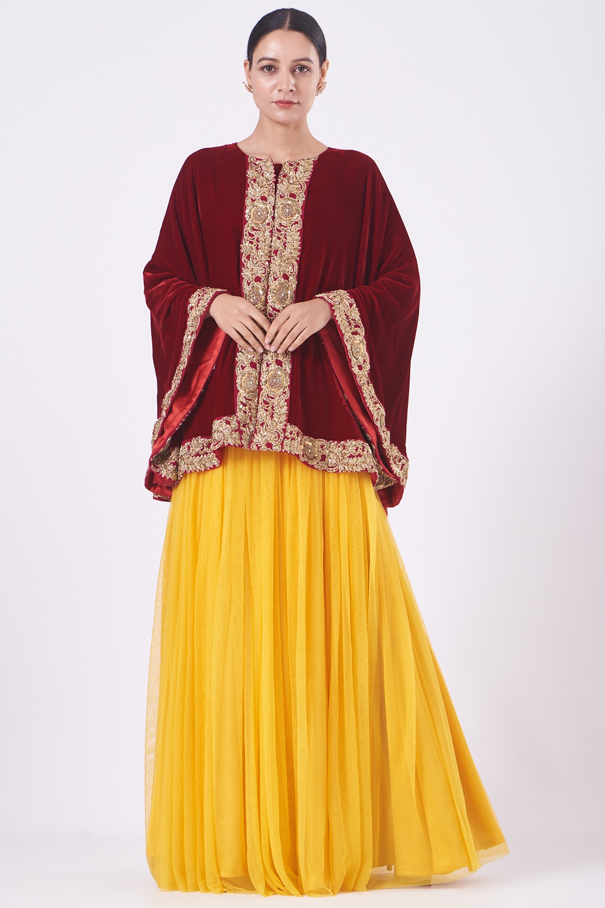 Maroon Velvet Embroidered Cape by Vandana Malhotra at Pernia's Pop Up ...