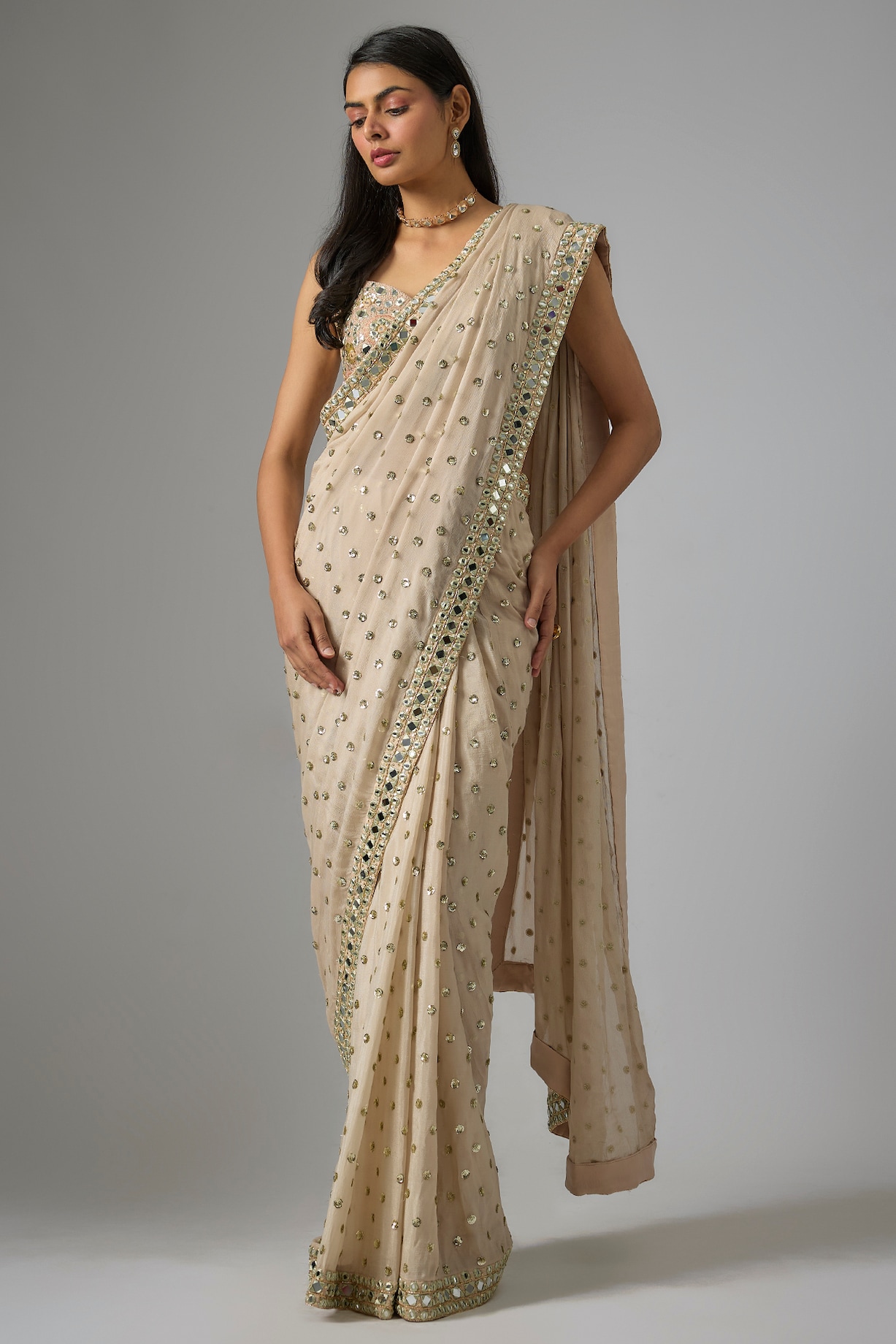 Latte Shade Viscose Chinon Mirror Embroidered Wedding Saree Set by Vana ...