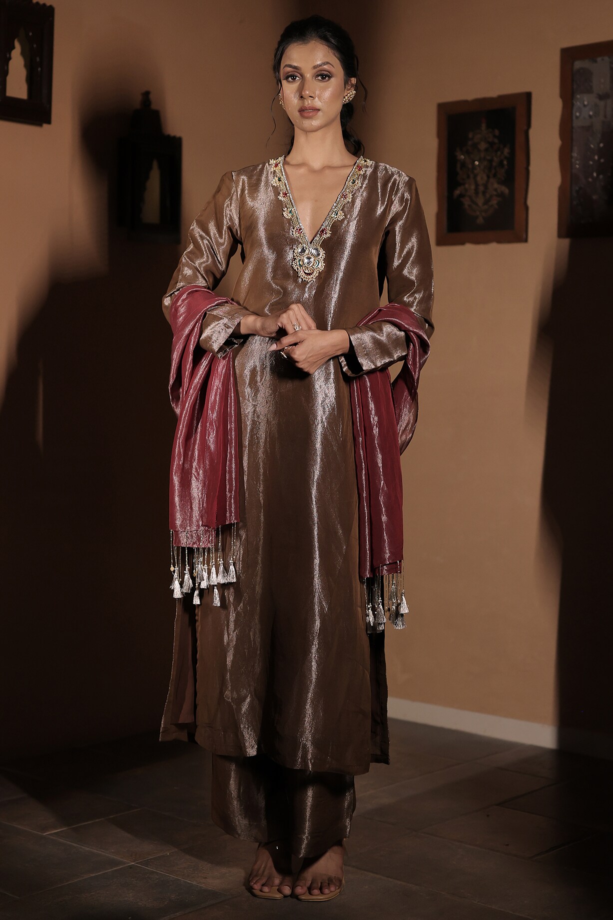 Deep Bronze Tissue Hand Embellished Kurta Set by VANA ETHNICS at Pernia ...