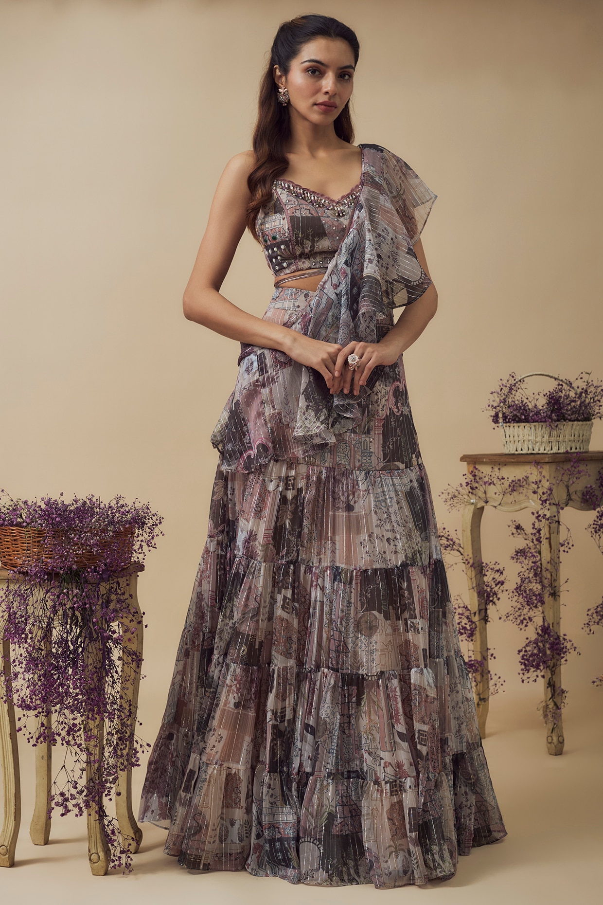 Beige Lurex Chiffon Digital Printed Draped Wedding Lehenga Set by VANA ...