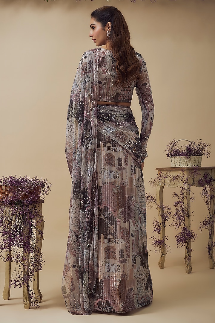 Beige Lurex Chiffon Digital Printed Ready-To-Wear Saree Set by VANA ...