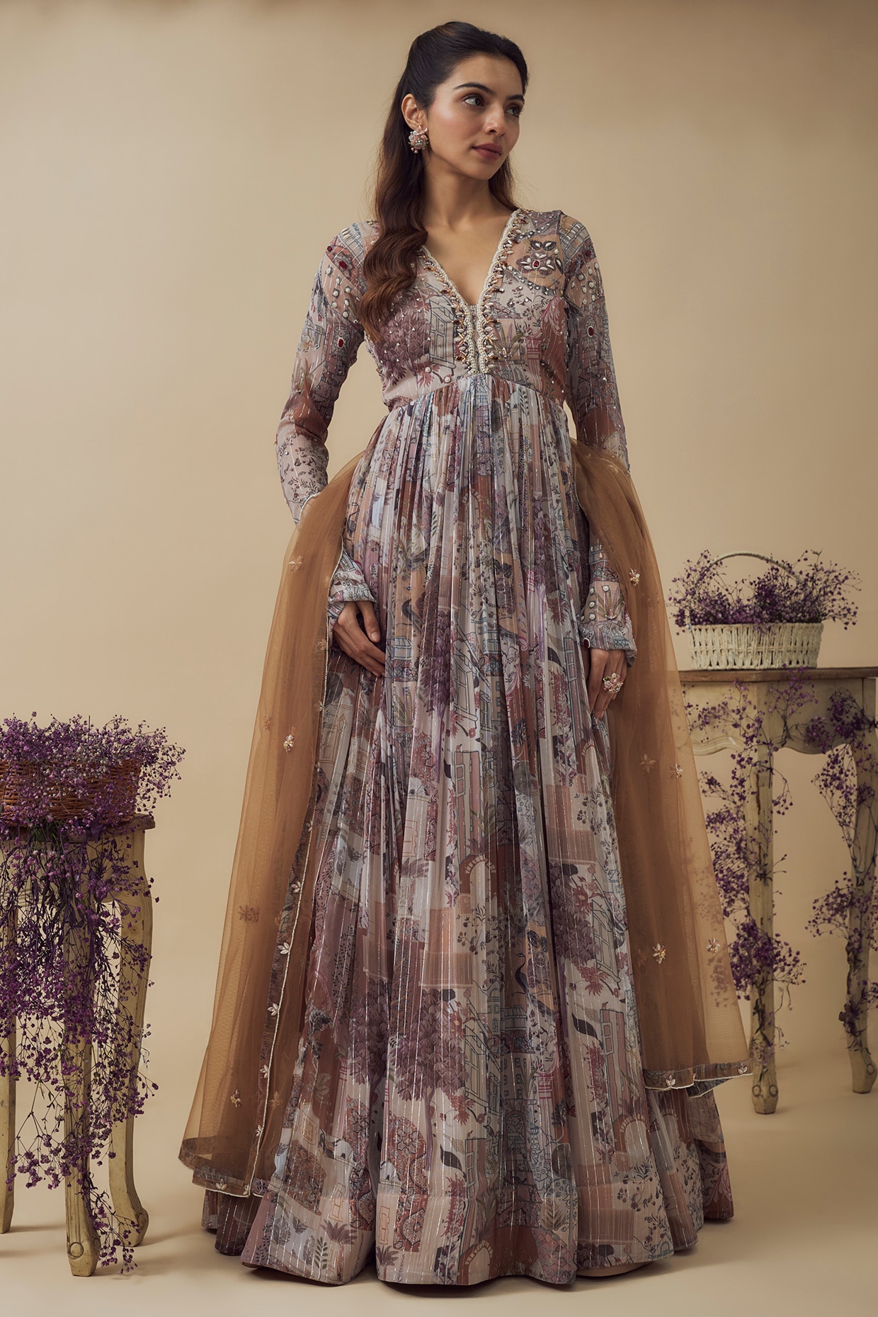 Beige Lurex Chiffon Digital Printed Gown With Dupatta by VANA ETHNICS ...