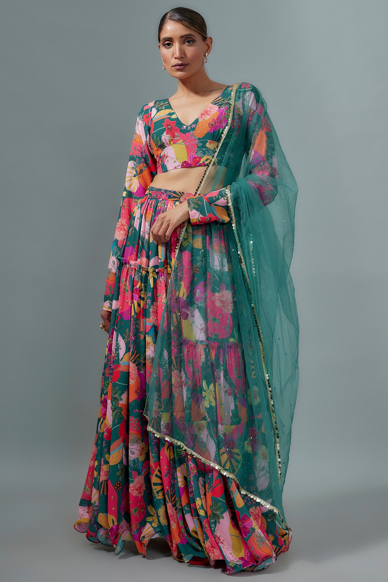 Teal Georgette Digital Printed Lehenga Set For Girls by VANA ETHNICS KIDS at Pernia's Pop Up ...