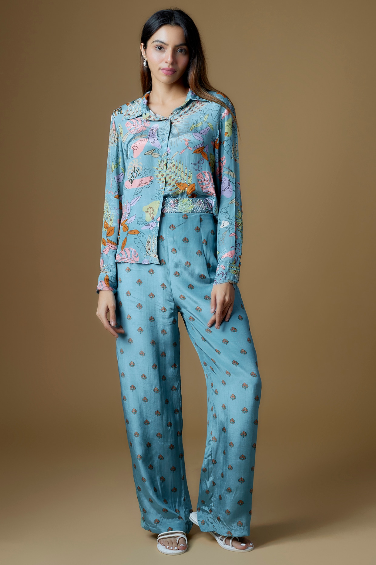 Pastel Blue Crepe Embroidered & Printed Co-Ord Set For Girls by VANA ETHNICS KIDS at Pernia's ...