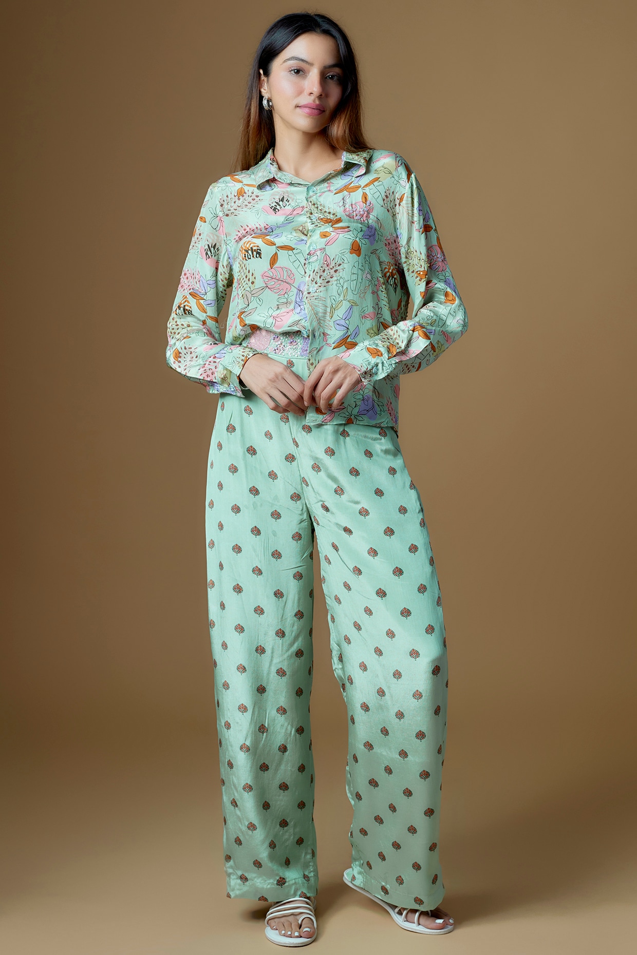 Mint Green Crepe Embroidered & Printed Co-Ord Set For Girls by VANA ETHNICS KIDS at Pernia's Pop ...
