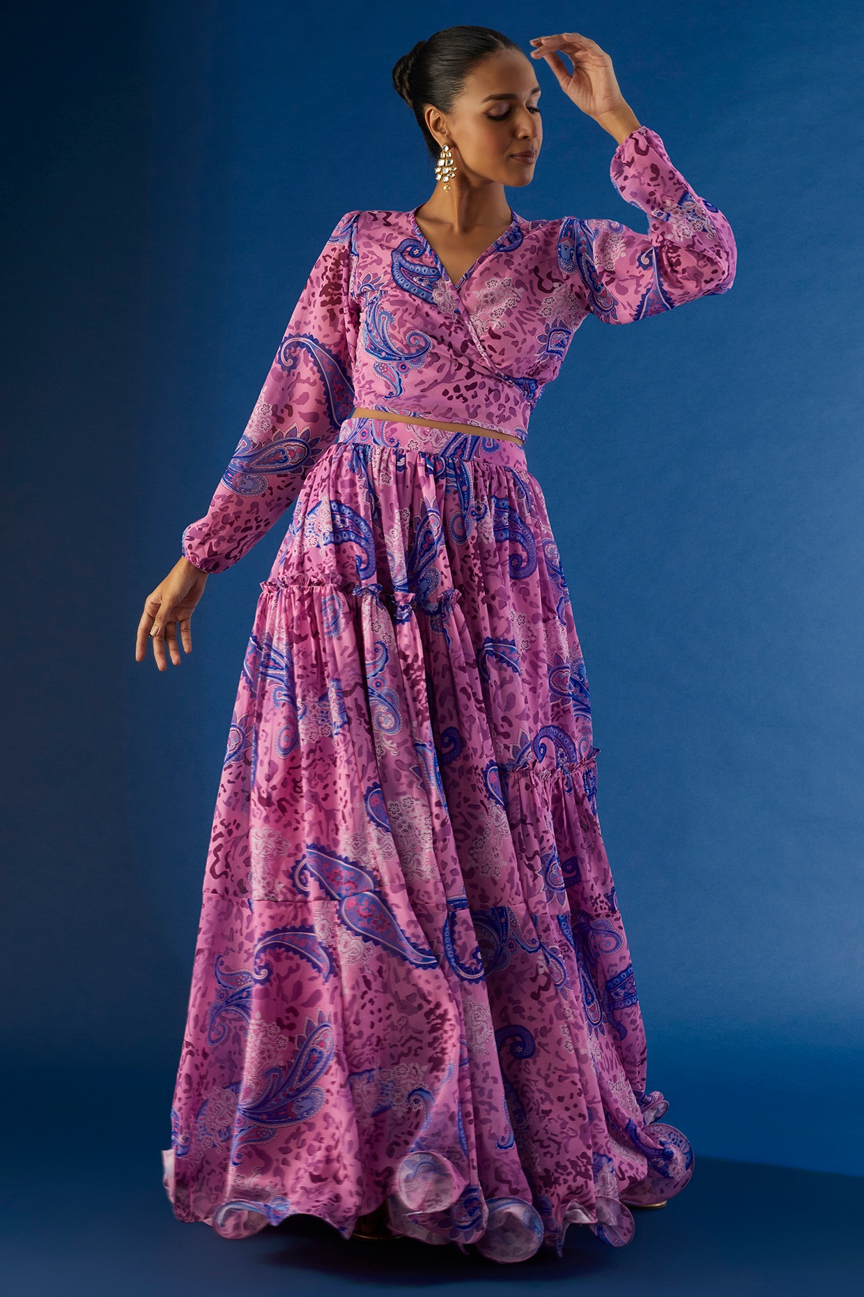 Flamingo Pink Georgette Paisley Printed Skirt Set For Girls by VANA ETHNICS KIDS at Pernia's Pop ...