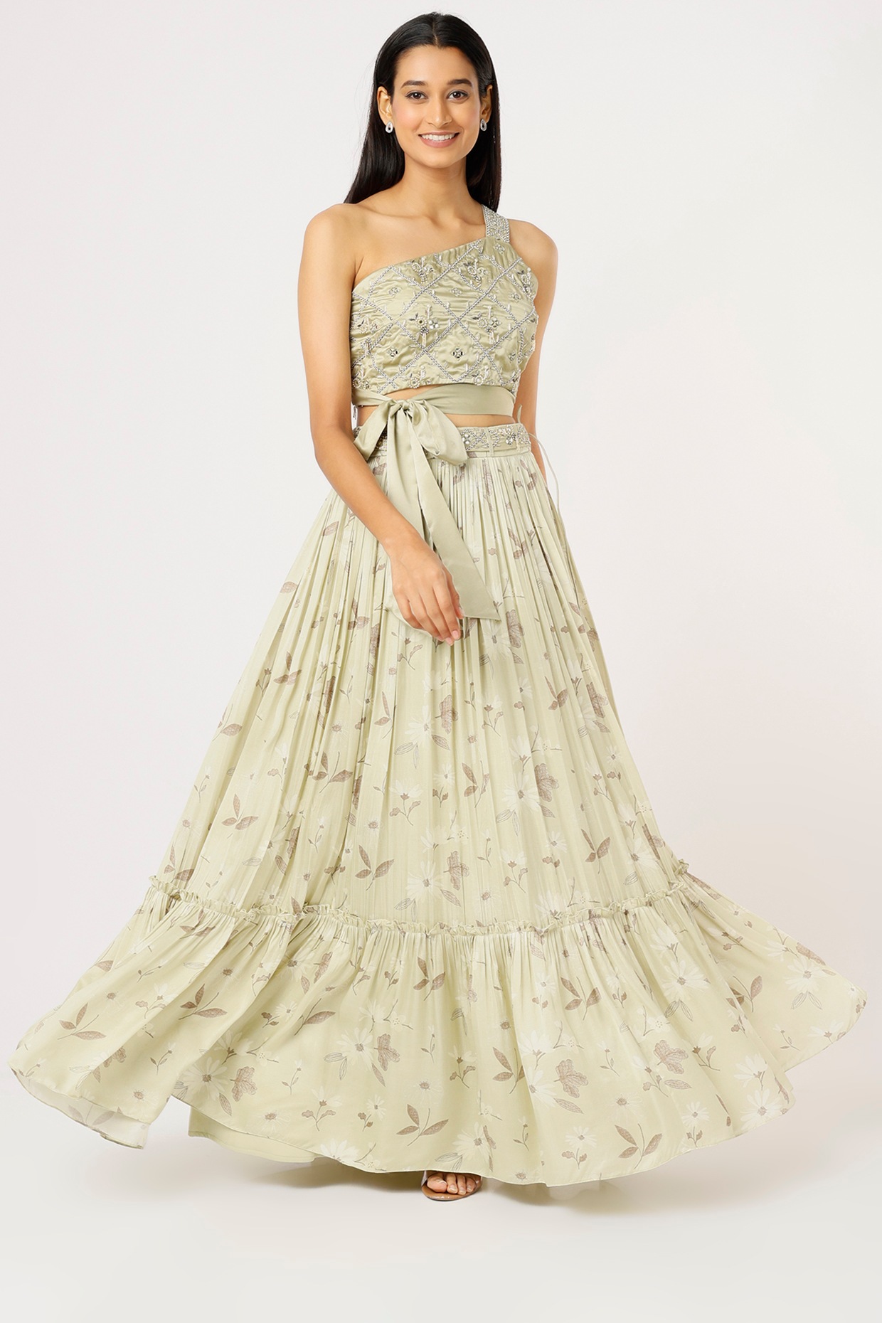 Pastel Green Satin Mirror Work & Floral Printed Lehenga Set For Girls by VANA ETHNICS KIDS at ...