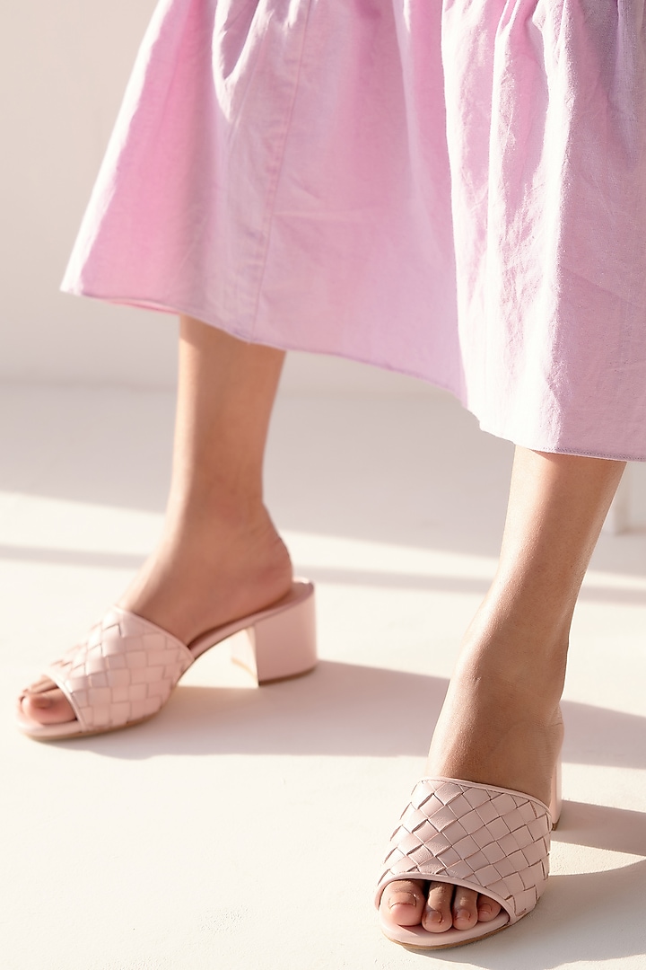 Pink Leather Woven Block Heels by VANILLA MOON at Pernia's Pop Up Shop 2026