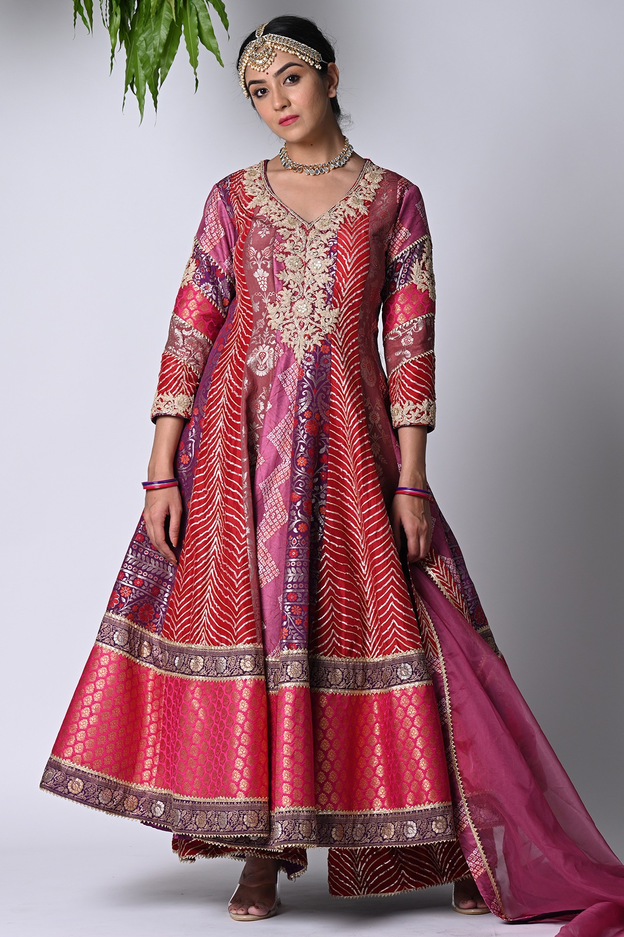 Rani Pink Banarasi Machine Embroidered Anarkali Set by Vannikaa Malik ...