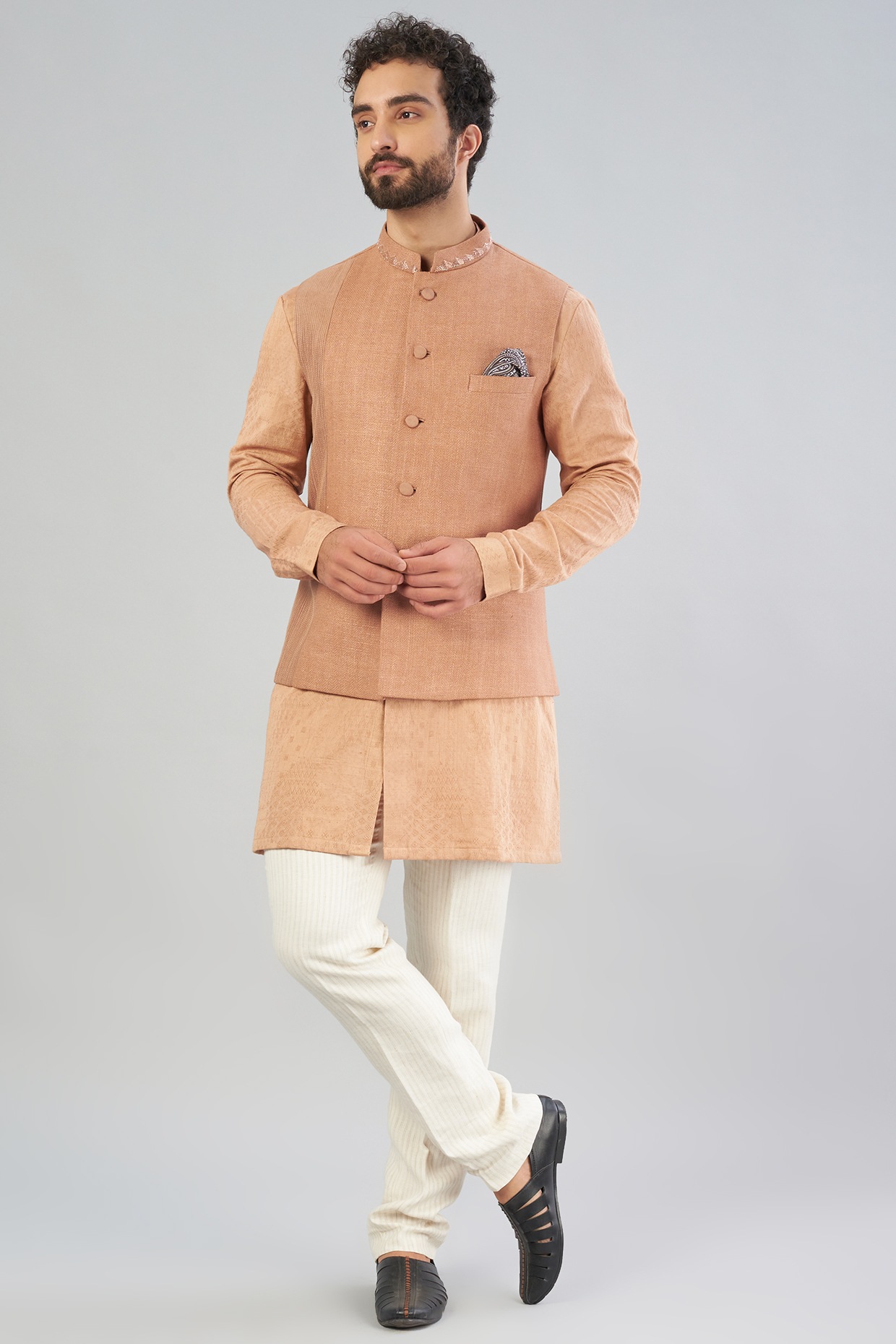 Tan Embroidered Nehru Jacket With Kurta Set by VARENYA at Pernia's Pop ...
