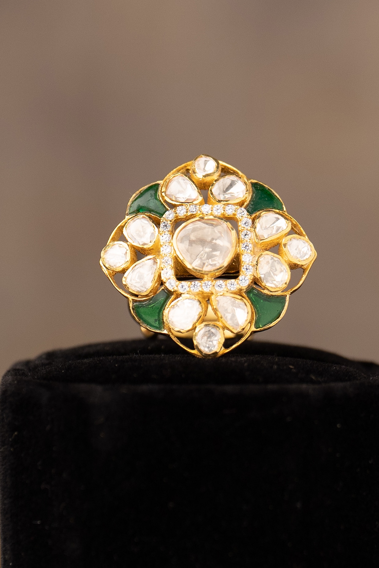 Gold Finish Kundan Polki Adjustable Ring In Sterling Silver by Varq ...