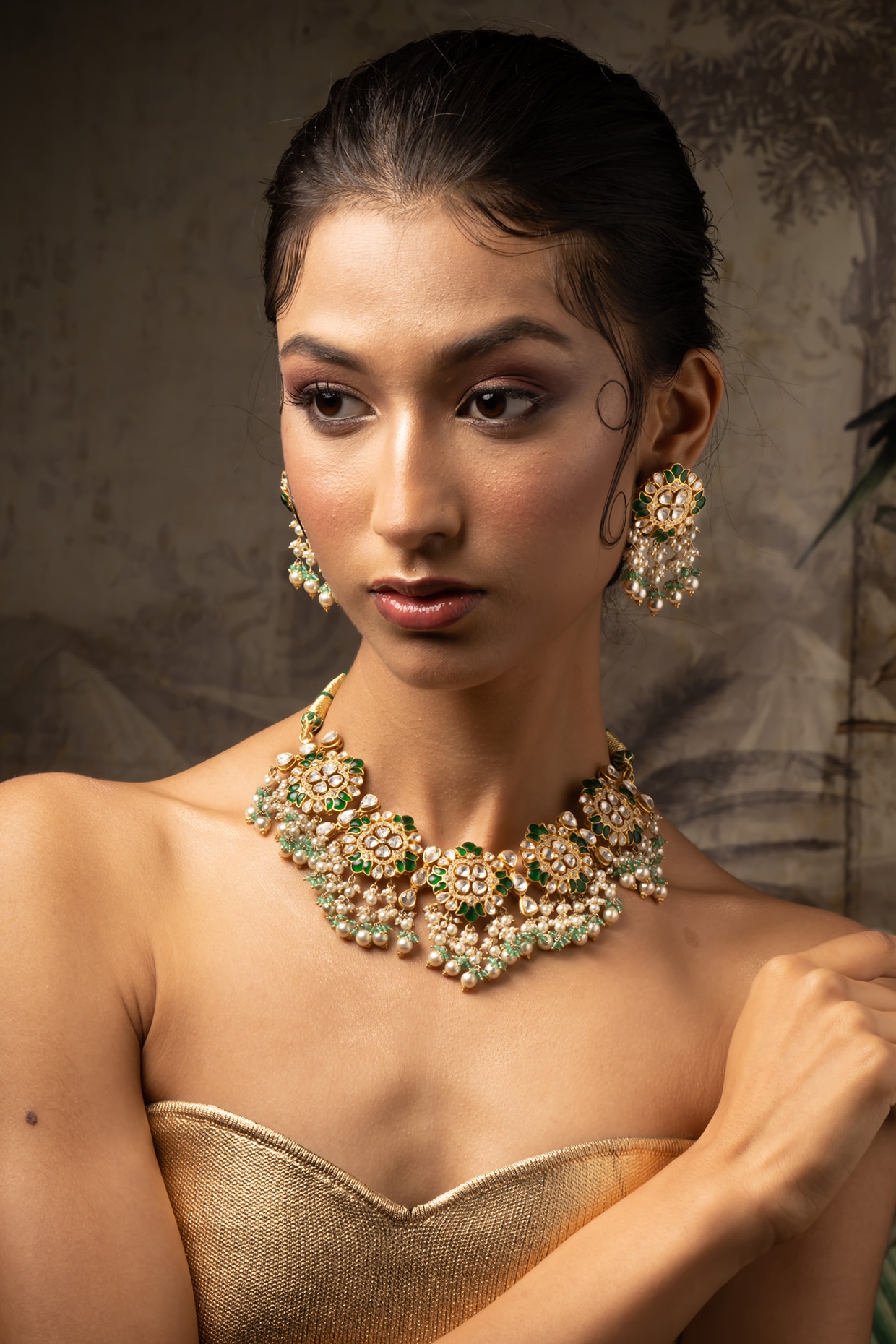 Gold Plated Moissanite Polki & Green Glass Beaded Enameled Choker ...