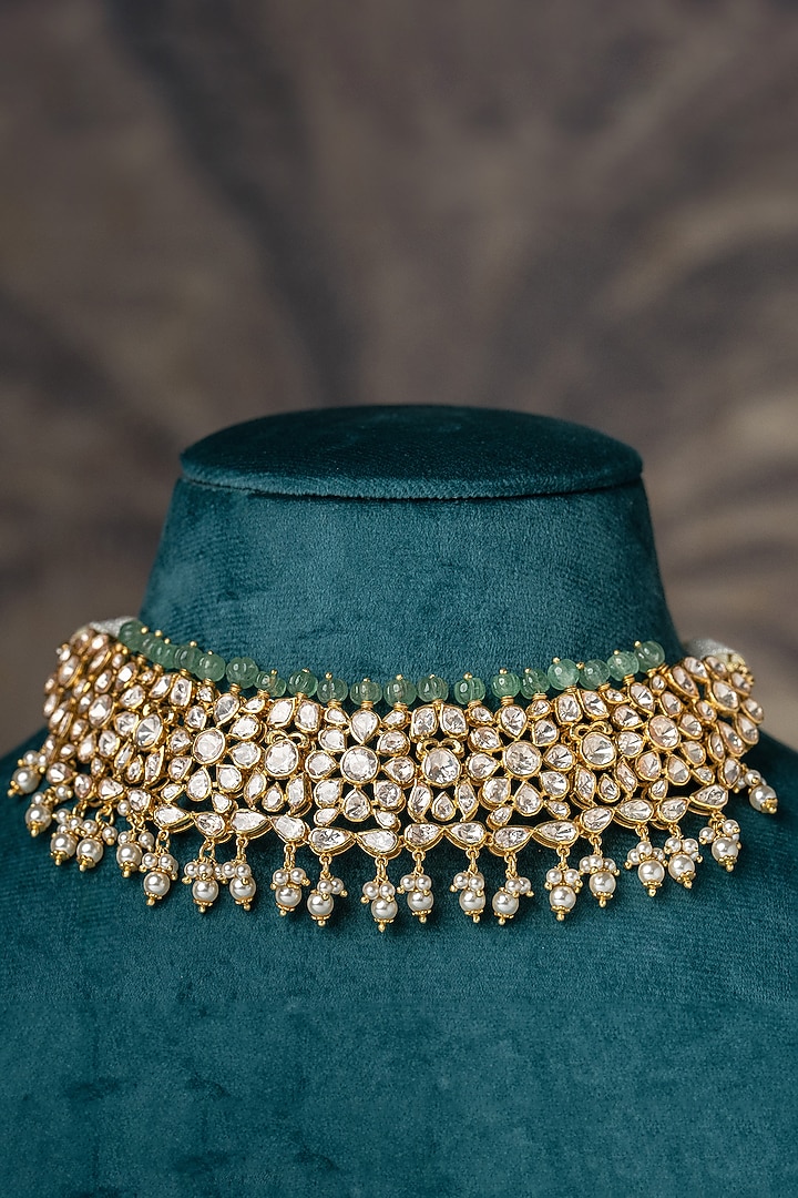Gold Plated Moissanite Polki & Mint Green Beaded Necklace Design by ...