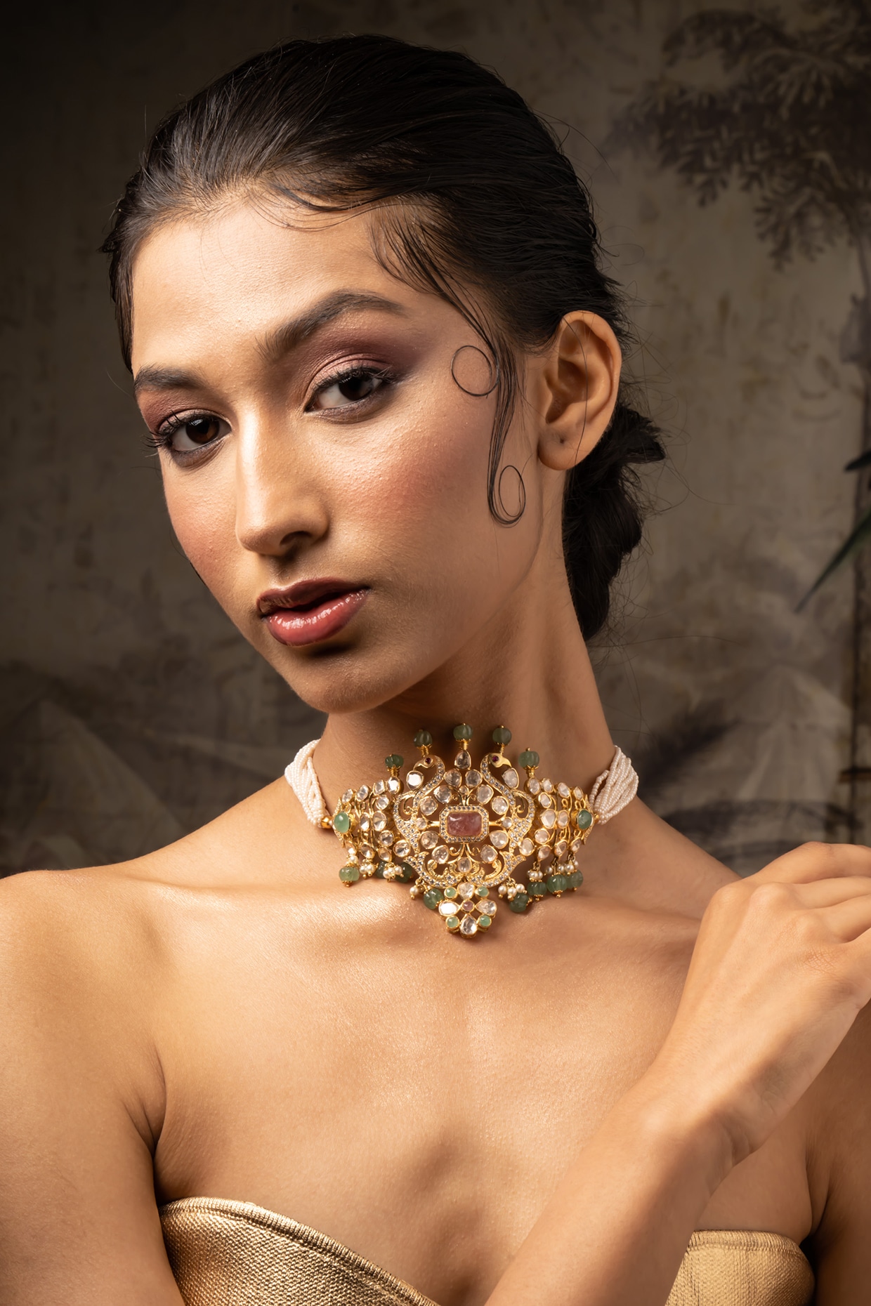 Gold Plated Pastel Pink & Mint Green Synthetic Stone Choker Necklace ...