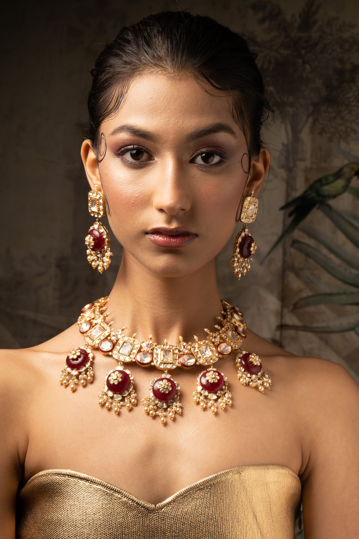 Gold Plated Moissanite Polki & Pearl Beaded Enameled Necklace Set In ...