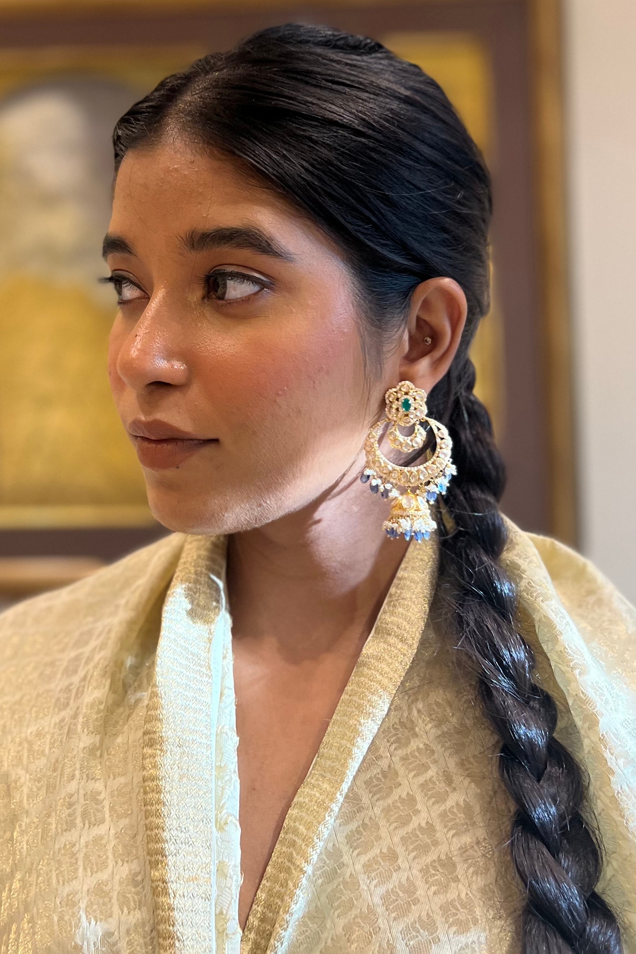 Gold Plated Moissanite Polki & Green Synthetic Stone Chandbali Earrings ...