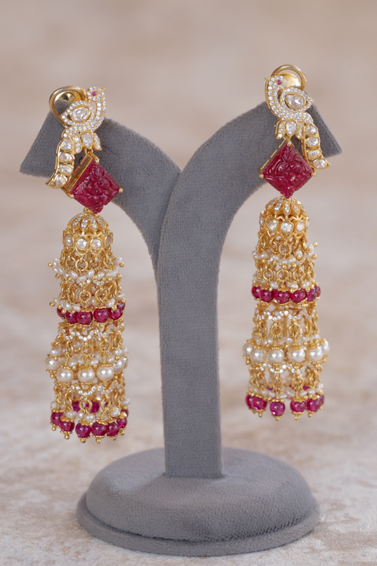 Gold Plated Moissanite Polki & Red Synthetic Stone Dangler Earrings In ...