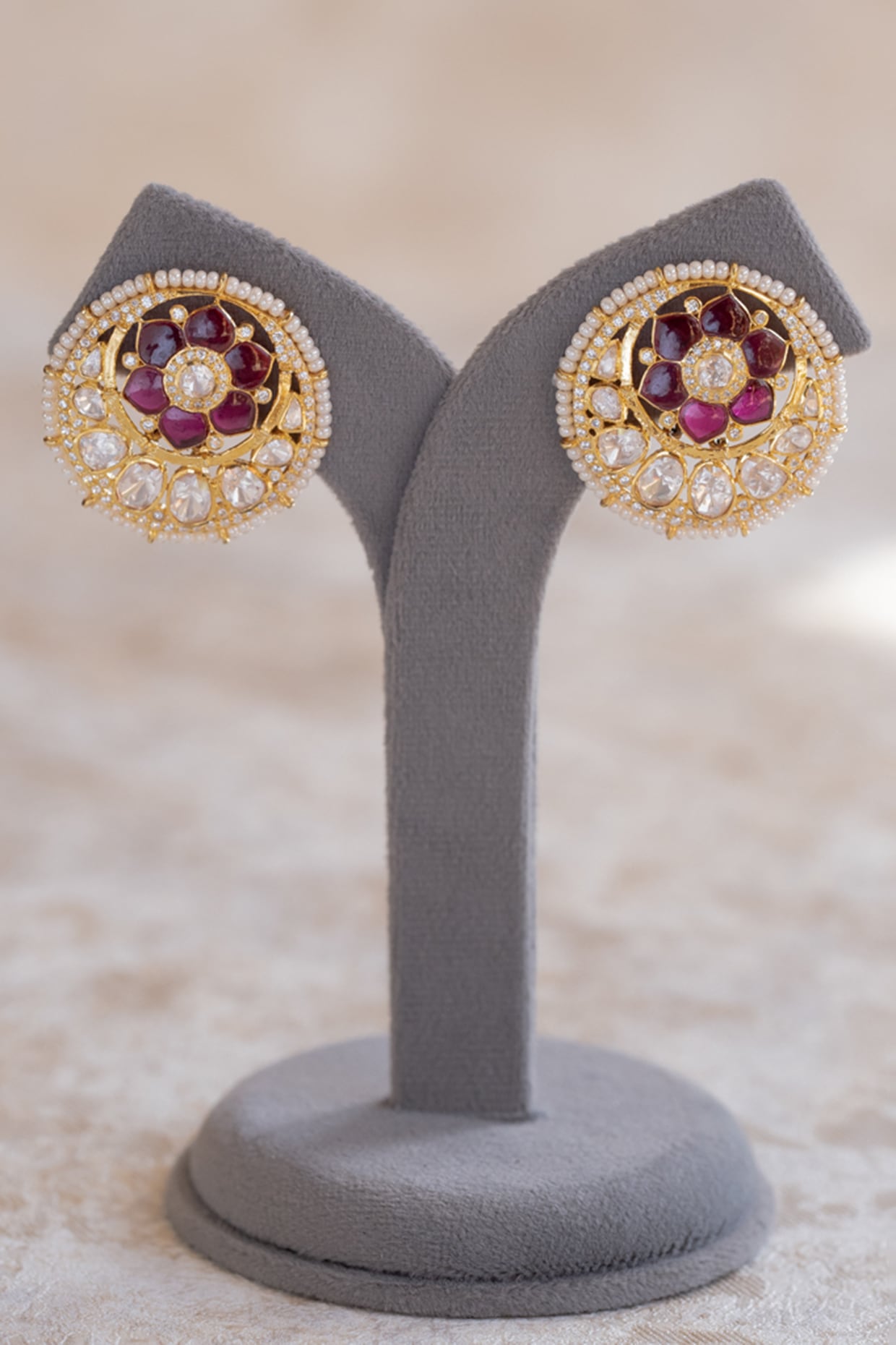 Gold Plated Moissanite Polki & Red Synthetic Stone Stud Earrings In ...