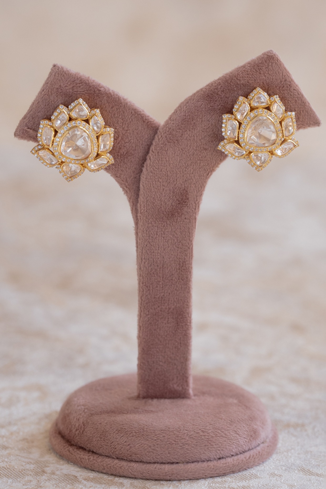 Gold Plated Moissanite Polki & Zirconia Stud Earrings In Sterling ...