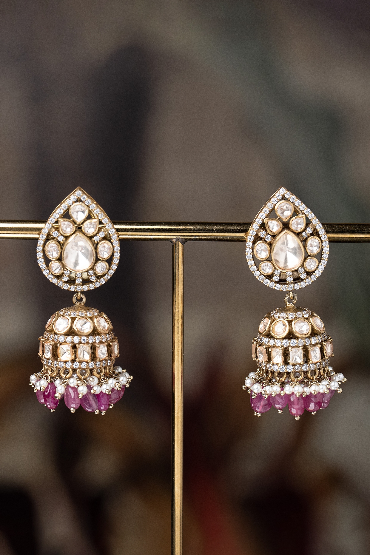 Gold Plated Moissanite Polki & Purple Stone Dangler Earrings In ...
