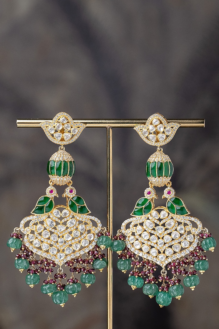 Gold Plated Moissanite Polki & Green Synthetic Stone Dangler Earrings ...