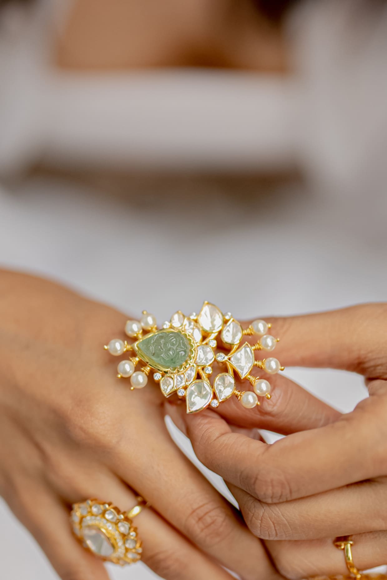 Gold Plated Moissanite Polki & Green Carved Stone Ring In Sterling ...