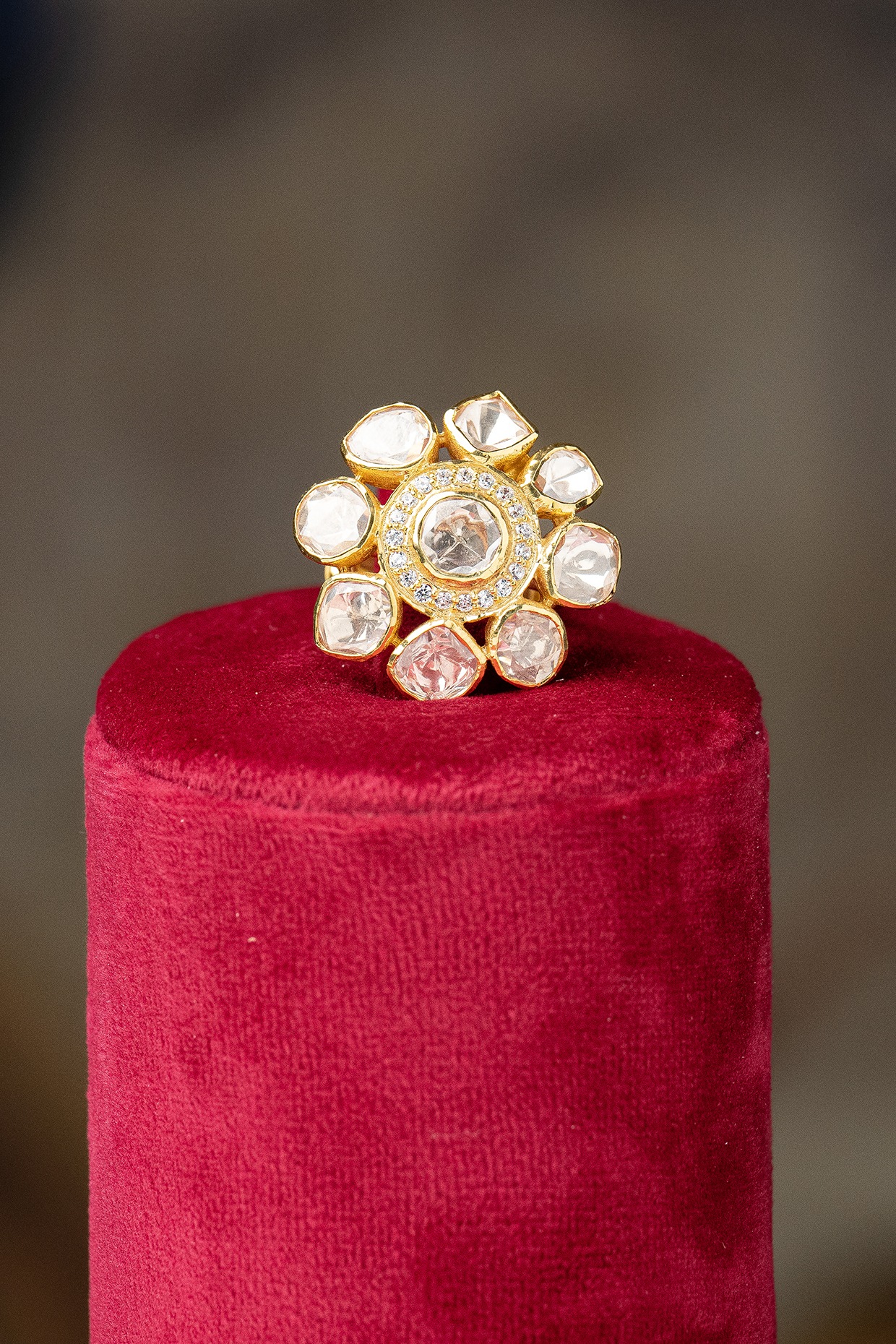 Gold Plated Moissanite Polki & Zirconia Diamond Ring In Sterling Silver ...