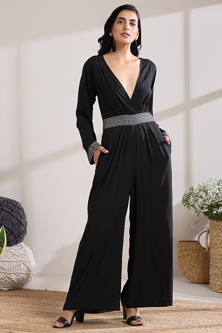 Black Crepe Jumpsuit Design by Vasstram at Pernia's Pop Up Shop 2024