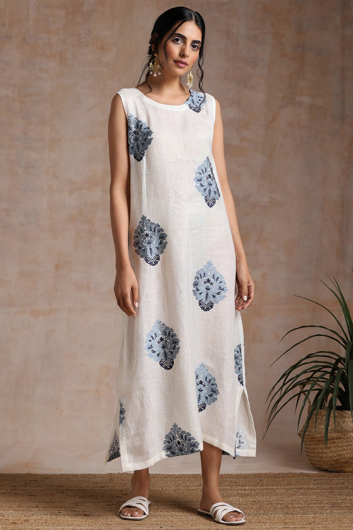 Off-White Linen Embroidered Jacket Dress Design by Vasstram at Pernia's ...