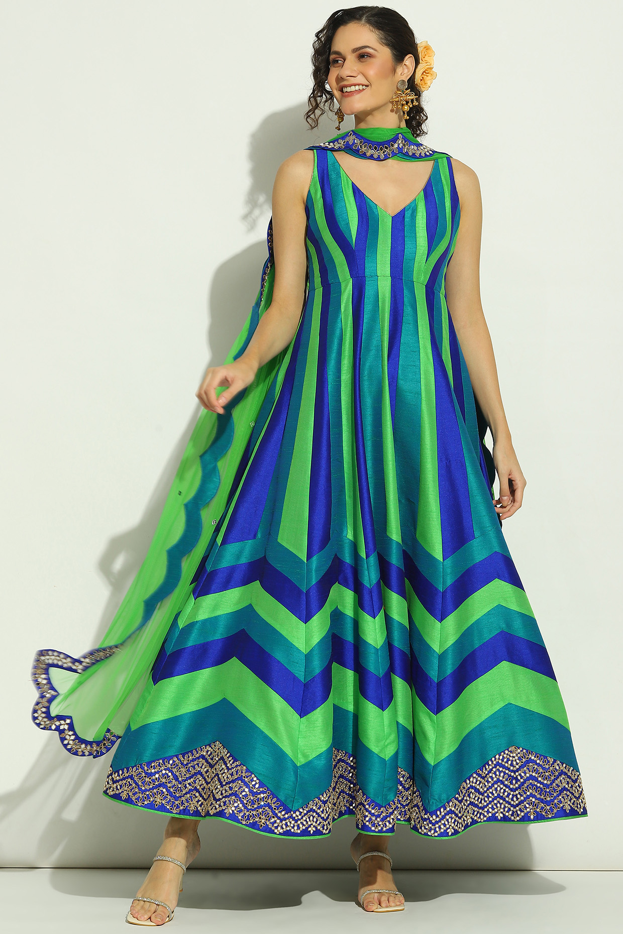 Multi Colored Dupion Silk Chevron Printed And Patchwork Anarkali Set By