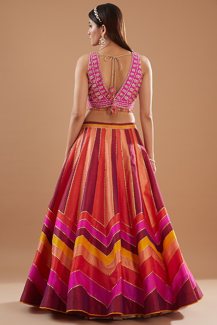 Multi Colored Dupion Silk Embroidered Wedding Lehenga Set By Vandana
