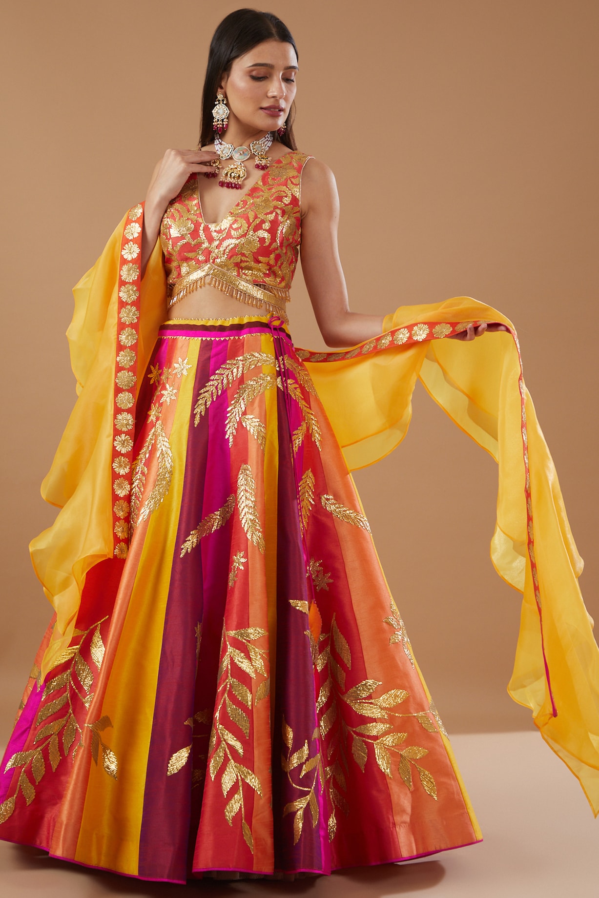 Multi Colored Dupion Raw Silk Embroidered Wedding Lehenga Set By