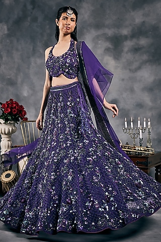 Purple Net Sequins Work Fish-Cut Bridal Lehenga Set by Vandana Sethi at ...