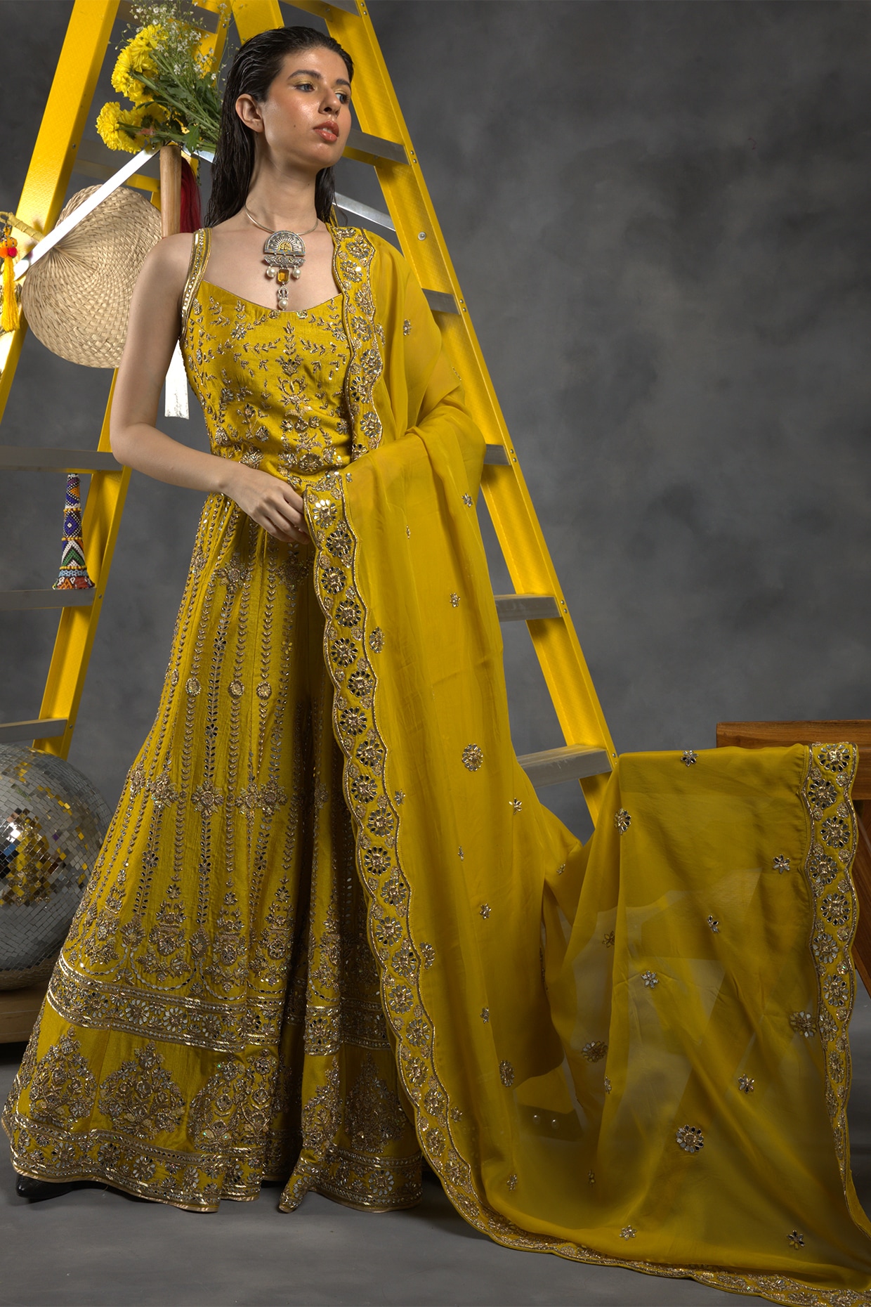 Olive Green Soft Silk Dabka Work Bridal Sharara Set by Vandana Sethi at ...