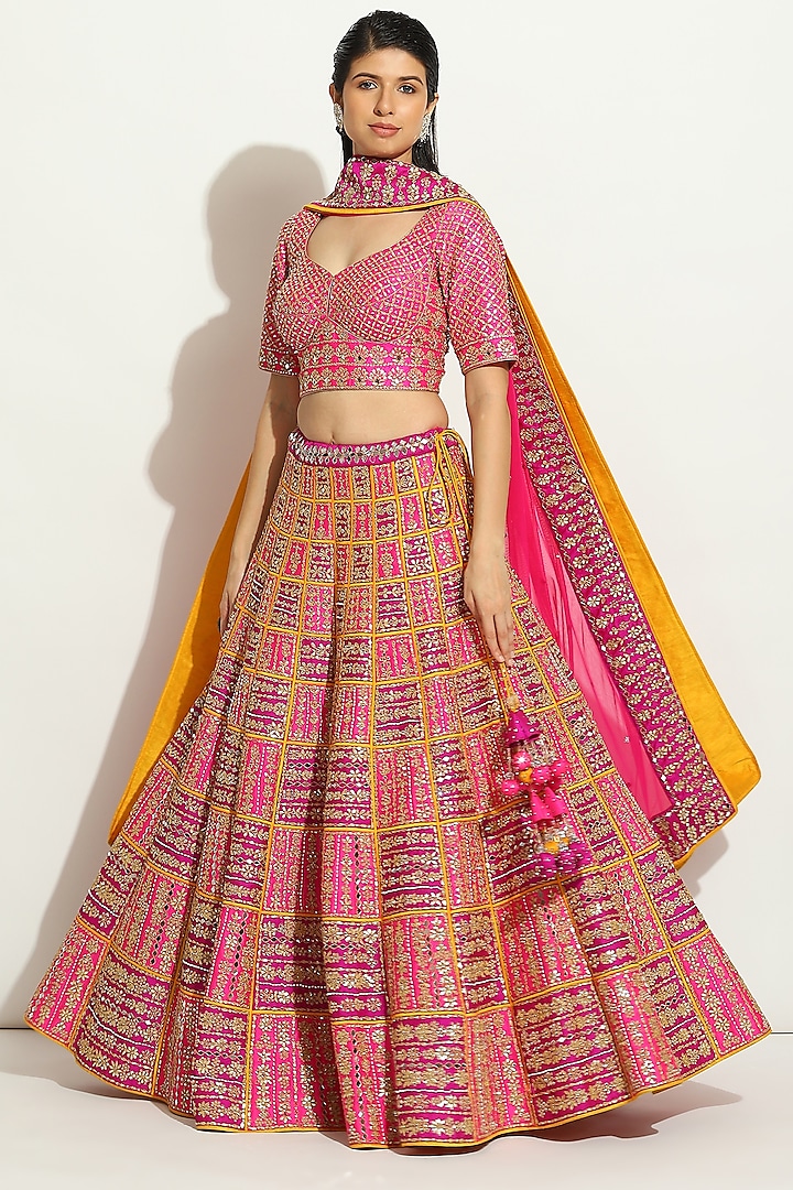 Multi Colored Dupion Silk Gota Patti Embroidered Lehenga Set Design By