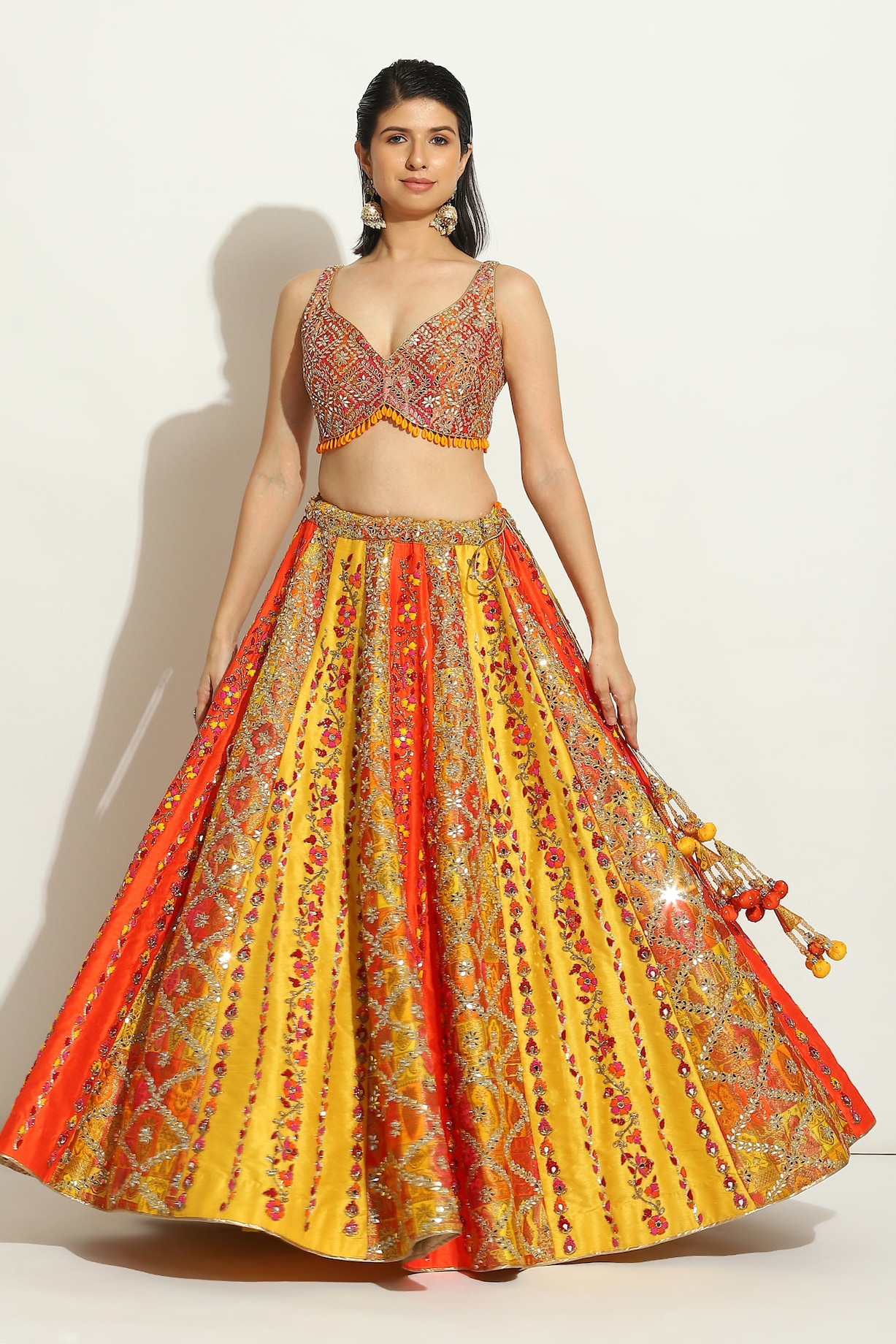 Multi Colored Brocade Mirror Embroidered Lehenga Set Design By Vandana