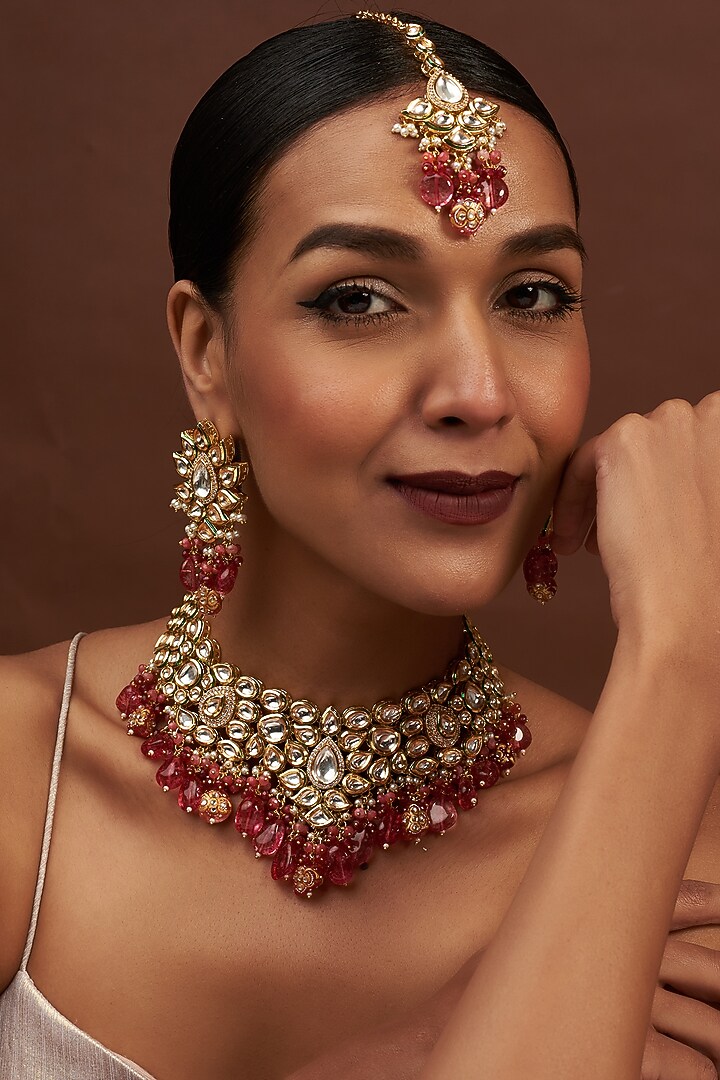 Gold Finish Kundan Polki & Multi-Colored Bead Choker Necklace Set by VASTRAA Jewellery at Pernia ...