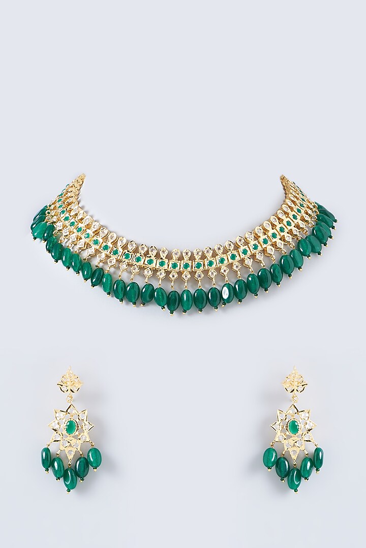 Gold Finish Kundan Polki & Green Beaded Choker Necklace Set by VASTRAA Jewellery at Pernia's Pop ...