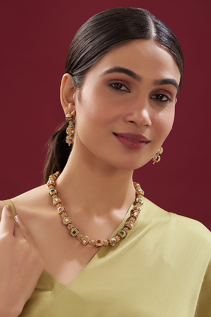 Gold Finish Kundan Polki Temple Mala Set by VASTRAA Jewellery at Pernia ...