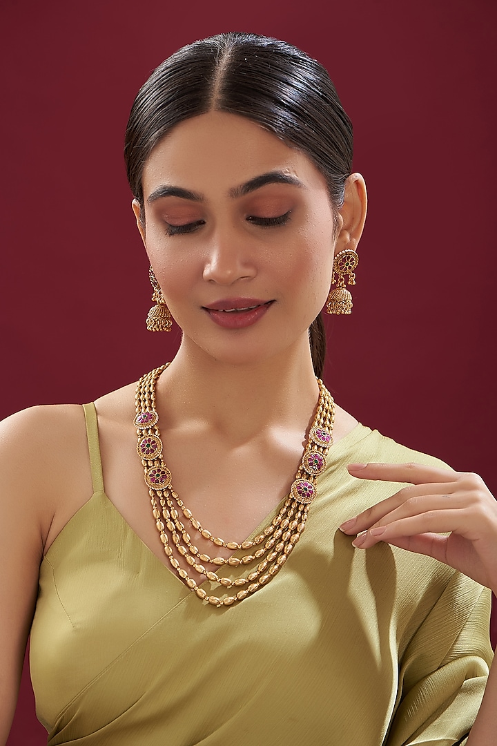 Gold Finish Kundan Polki & Ruby Temple Mala Set by VASTRAA Jewellery at Pernia's Pop Up Shop 2025