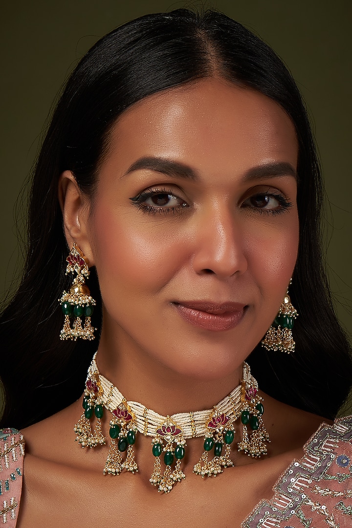 Gold Finish Kundan Polki & Green Beaded Choker Necklace Set by VASTRAA Jewellery at Pernia's Pop ...