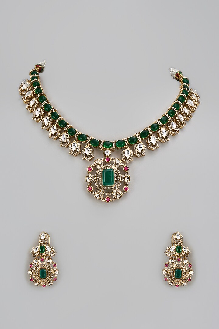 Gold Finish Kundan Polki & Emerald Synthetic Stone Necklace Set by ...